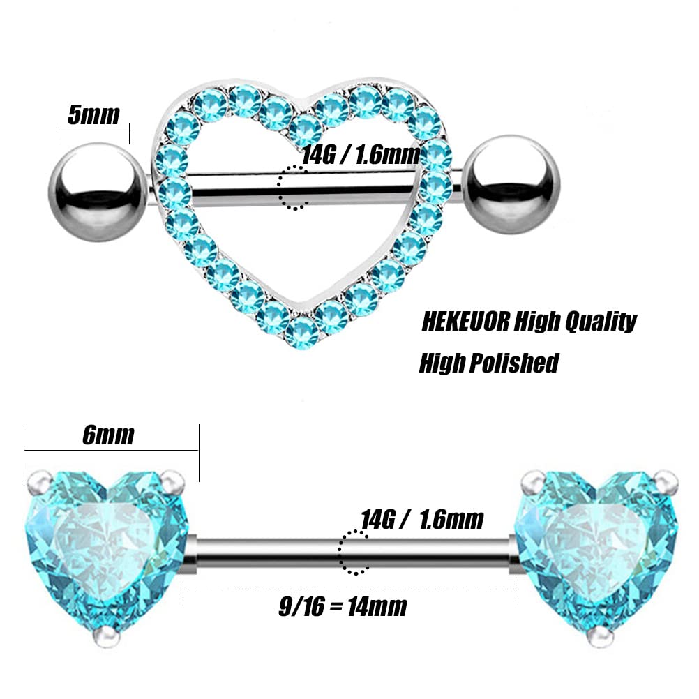 HEKEUOR 14G Surgical Steel Nipple Ring CZ Barbell Heart Shape for Women nippleshield Piercing Body Piercing (Blue (2Pairs))