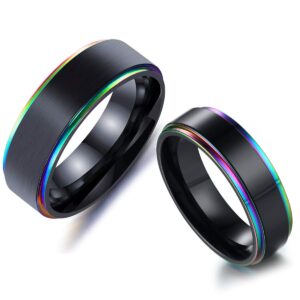 MZZJ Sun and Moon Friendship Lover 8MM&6MM Black Brushed 2 Tone Stainless Steel Rainbow Step Edge Wedding Band Engagement Matching Ring for Him Her,Anniversary Birthday Gift