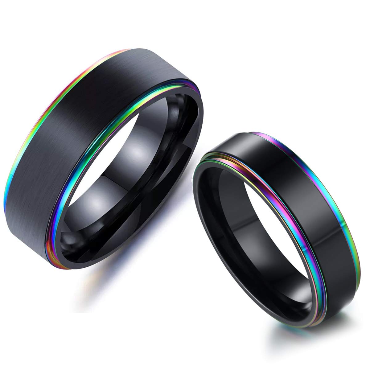 MZZJ Sun and Moon Friendship Lover 8MM&6MM Black Brushed 2 Tone Stainless Steel Rainbow Step Edge Wedding Band Engagement Matching Ring for Him Her,Anniversary Birthday Gift