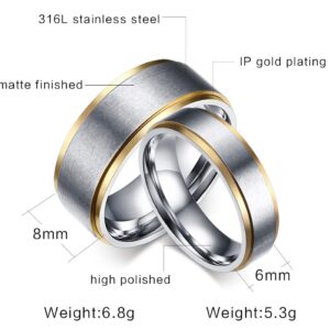 MZZJ Sun and Moon Friendship Lover 8MM&6MM Black Brushed 2 Tone Stainless Steel Rainbow Step Edge Wedding Band Engagement Matching Ring for Him Her,Anniversary Birthday Gift