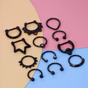 Vsnnsns 16G Septum Jewelry Septum Ring Piercing Jewelry Septum Clicker Ring and Horseshoe Barbell Stainless Steel Captive Bead Ring Septum Nose Rings Hoop for Men Women Black 10mm 12pcs