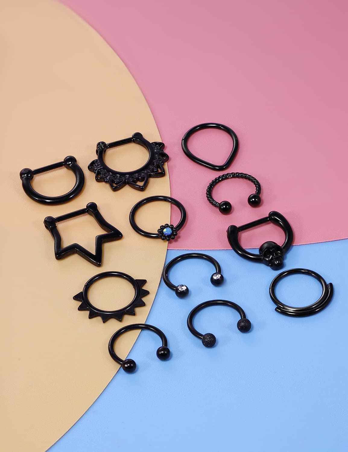 Vsnnsns 16G Septum Jewelry Septum Ring Piercing Jewelry Septum Clicker Ring and Horseshoe Barbell Stainless Steel Captive Bead Ring Septum Nose Rings Hoop for Men Women Black 10mm 12pcs