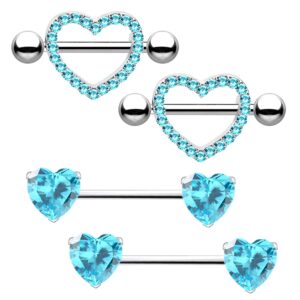 hekeuor 14g surgical steel nipple ring cz barbell heart shape for women nippleshield piercing body piercing (blue (2pairs))