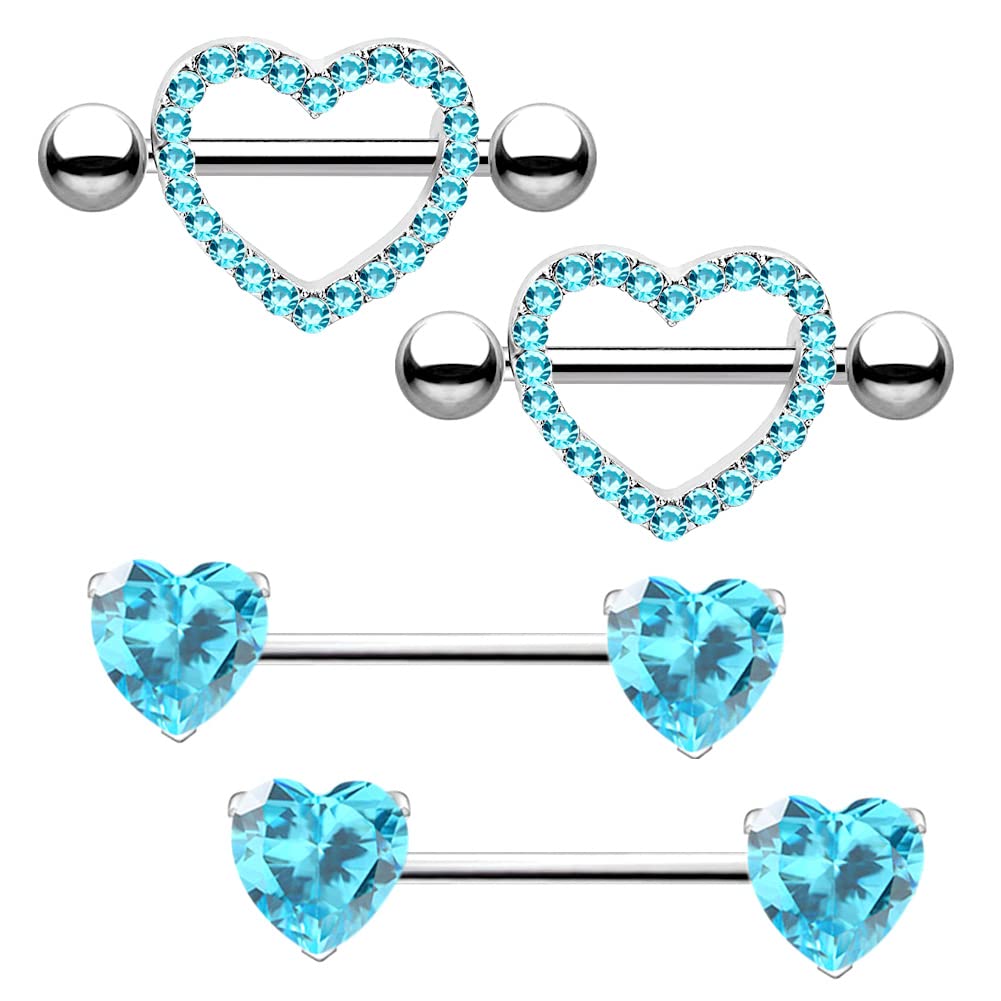 HEKEUOR 14G Surgical Steel Nipple Ring CZ Barbell Heart Shape for Women nippleshield Piercing Body Piercing (Blue (2Pairs))