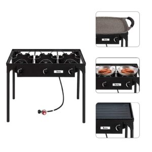 DDUPStore Outdoor Burner Stove on Stand, Gas Camping Stove High Pressure Propane Cooker Portable Stove Burner,Perfect for Home Brewing Maple Syrup Patio Turkey Frying Canning(Three Burner 225000-BTU)