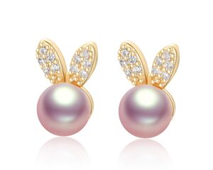 pearl stud earrings,freshwater cultured pearl cubic zirconia rabbit bunny earrings hypoallergenic anniversary birthday mother day jewelry gifts for women(size:6-7mm)