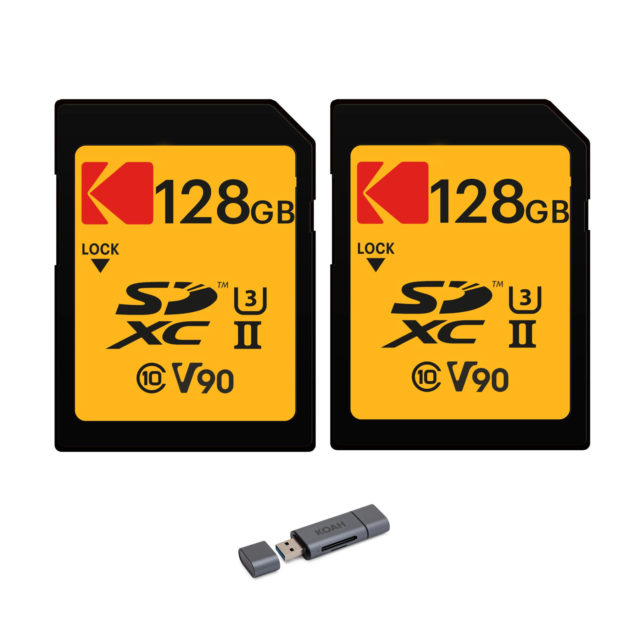 Kodak 128GB UHS-II U3 V90 Ultra Pro SDXC Memory Card (2-Pack) Bundle with Aluminum SD Reader (3 Items)