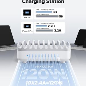 ORICO Multi USB Charging Station, 120W Charging Docking Organizer for Multiple Devices with Cables, 10-Ports Charging Station Compatible with iPad, iPhone, Tablet, Kindle and Cell Phones