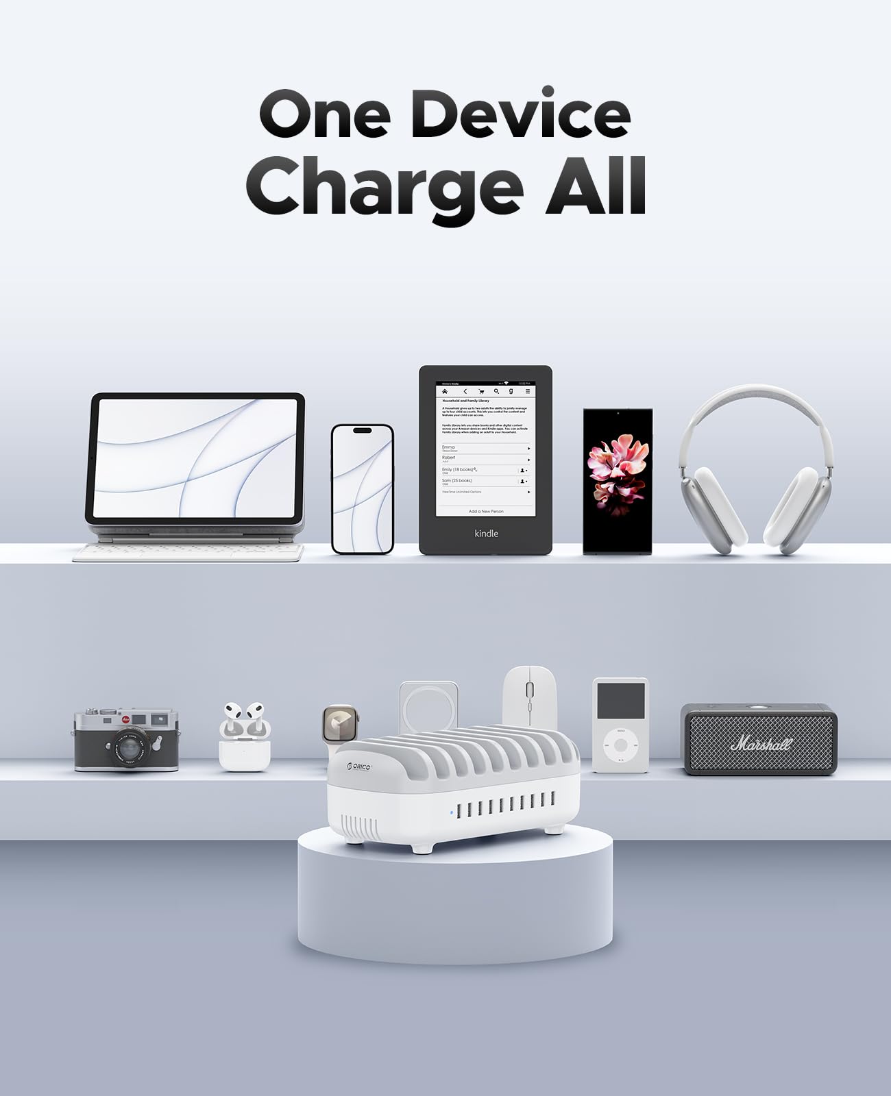 ORICO Multi USB Charging Station, 120W Charging Docking Organizer for Multiple Devices with Cables, 10-Ports Charging Station Compatible with iPad, iPhone, Tablet, Kindle and Cell Phones