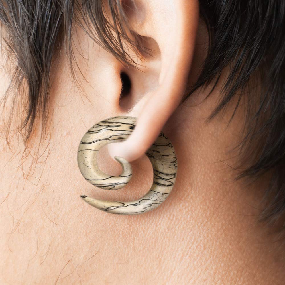 Pierced Owl Organic Spalted Tamarin Wood Spiral Tapered Hanger Ear Plugs, Sold as a Pair (10mm (00GA))