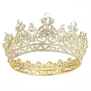 cocide gold crown and tiara for women crystal queen crowns for girls rhinestones princess headband luxury full round hair accessories jewelry for wedding prom bridal party halloween costume (gold)