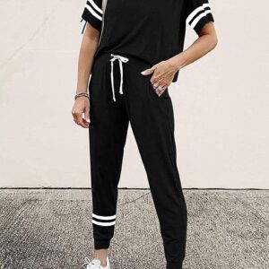 PRETTYGARDEN Women Summer Two Piece Outfits Striped Short Sleeve Pullover and Long Pants Tracksuit Travel Pajama Lounge Set (Black,XX-Large)