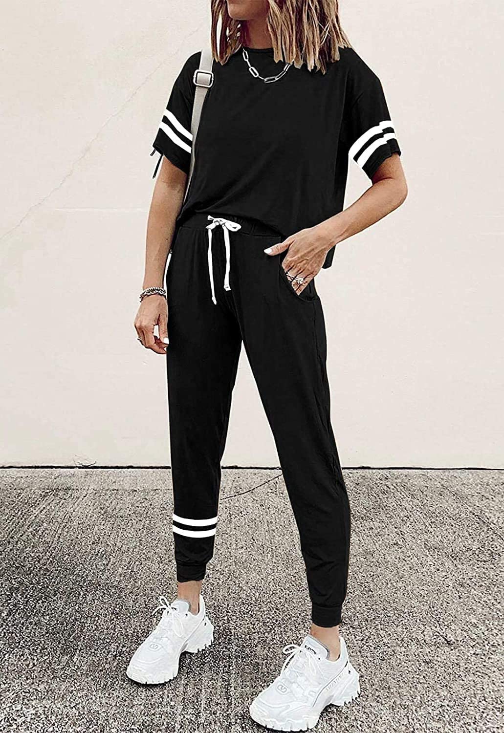 PRETTYGARDEN Women Summer Two Piece Outfits Striped Short Sleeve Pullover and Long Pants Tracksuit Travel Pajama Lounge Set (Black,XX-Large)