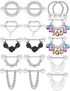 hoeudjo 16g nipple rings nipplering for women 14mm surgical steel dangle nipple rings heart circle nipple hoop piercing jewelry silver-tone