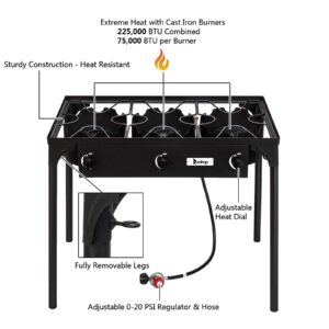 DDUPStore Outdoor Burner Stove on Stand, Gas Camping Stove High Pressure Propane Cooker Portable Stove Burner,Perfect for Home Brewing Maple Syrup Patio Turkey Frying Canning(Three Burner 225000-BTU)