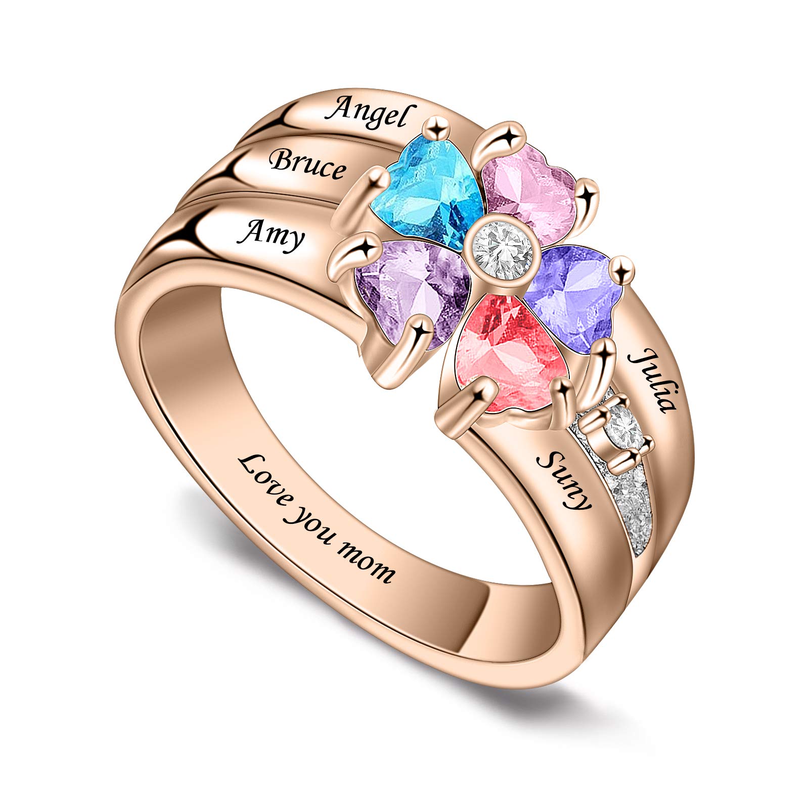 Sterling Silver Personalized Mothers Rings Gifts with 5 Simulated Birthstones Custom Family Name Ring Jewelry for Women Mom Grandmother for Mother’s Day Christmas