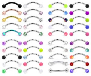 hoeudjo 40pcs 16g eyebrow piercing rook earrings daith piercing jewelry curved barbell kit surgical steel tragus vertical lip rings for women men 8mm (5/16")