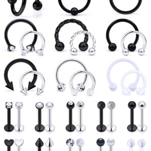 Vsnnsns 16G Lip Rings Stainless Steel Horseshoe Labret Monroe Lip Rings Nail Cartilage Tragus Helix Earrings Studs Septum Ring Medusa Piercing Jewelry Retainer for Women Men Silver Black 8mm