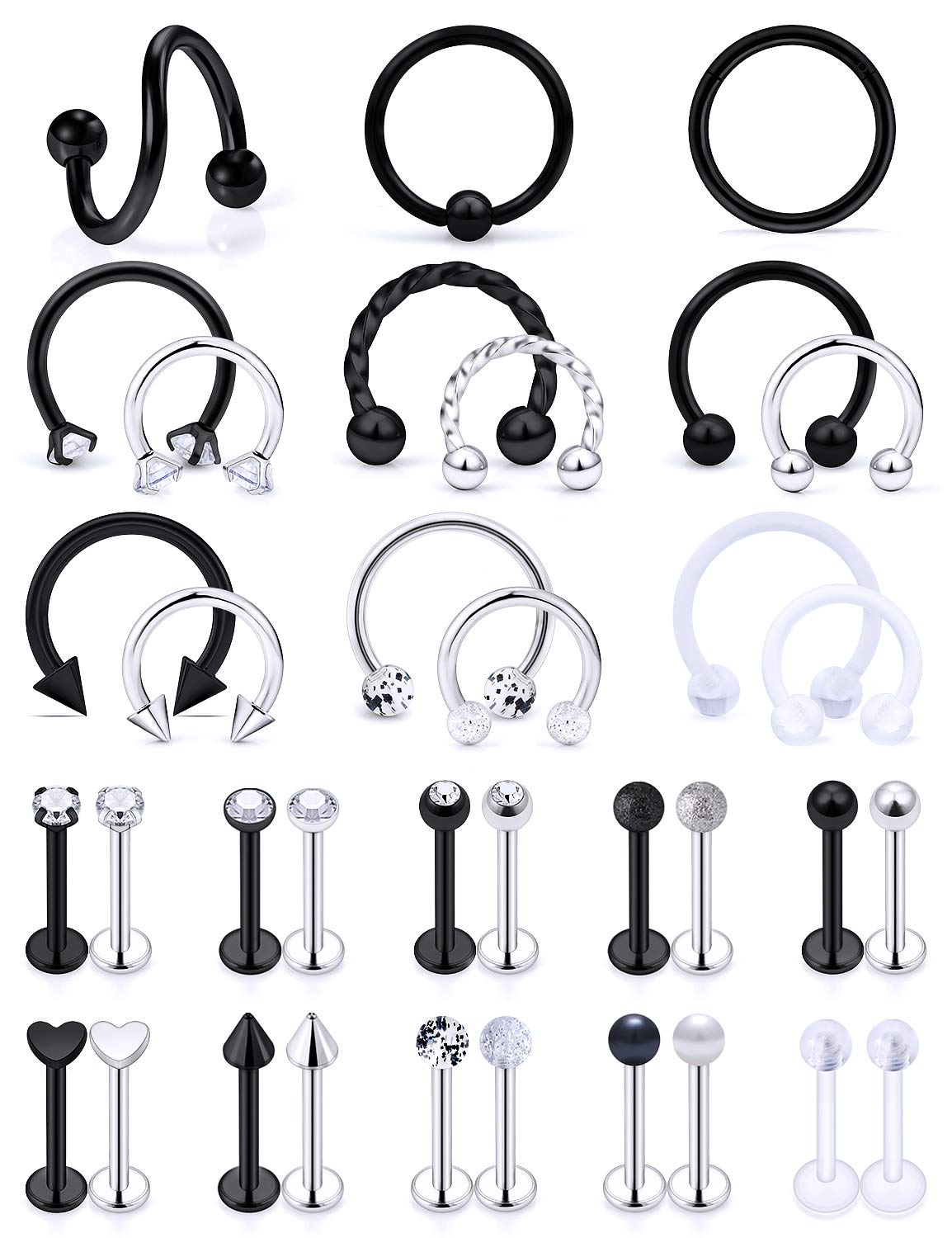 Vsnnsns 16G Lip Rings Stainless Steel Horseshoe Labret Monroe Lip Rings Nail Cartilage Tragus Helix Earrings Studs Septum Ring Medusa Piercing Jewelry Retainer for Women Men Silver Black 8mm