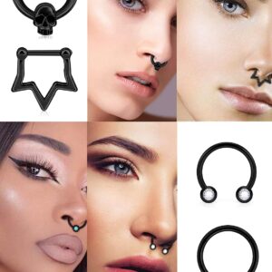 Vsnnsns 16G Septum Jewelry Septum Ring Piercing Jewelry Septum Clicker Ring and Horseshoe Barbell Stainless Steel Captive Bead Ring Septum Nose Rings Hoop for Men Women Black 10mm 12pcs