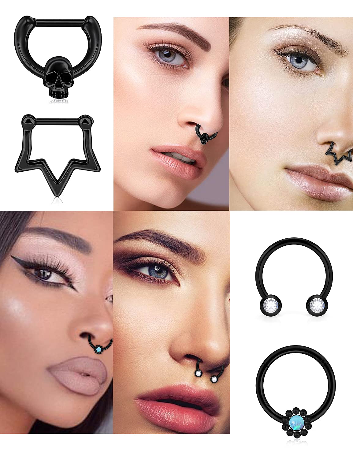 Vsnnsns 16G Septum Jewelry Septum Ring Piercing Jewelry Septum Clicker Ring and Horseshoe Barbell Stainless Steel Captive Bead Ring Septum Nose Rings Hoop for Men Women Black 10mm 12pcs