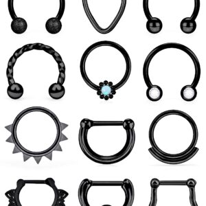 Vsnnsns 16G Septum Jewelry Septum Ring Piercing Jewelry Septum Clicker Ring and Horseshoe Barbell Stainless Steel Captive Bead Ring Septum Nose Rings Hoop for Men Women Black 10mm 12pcs