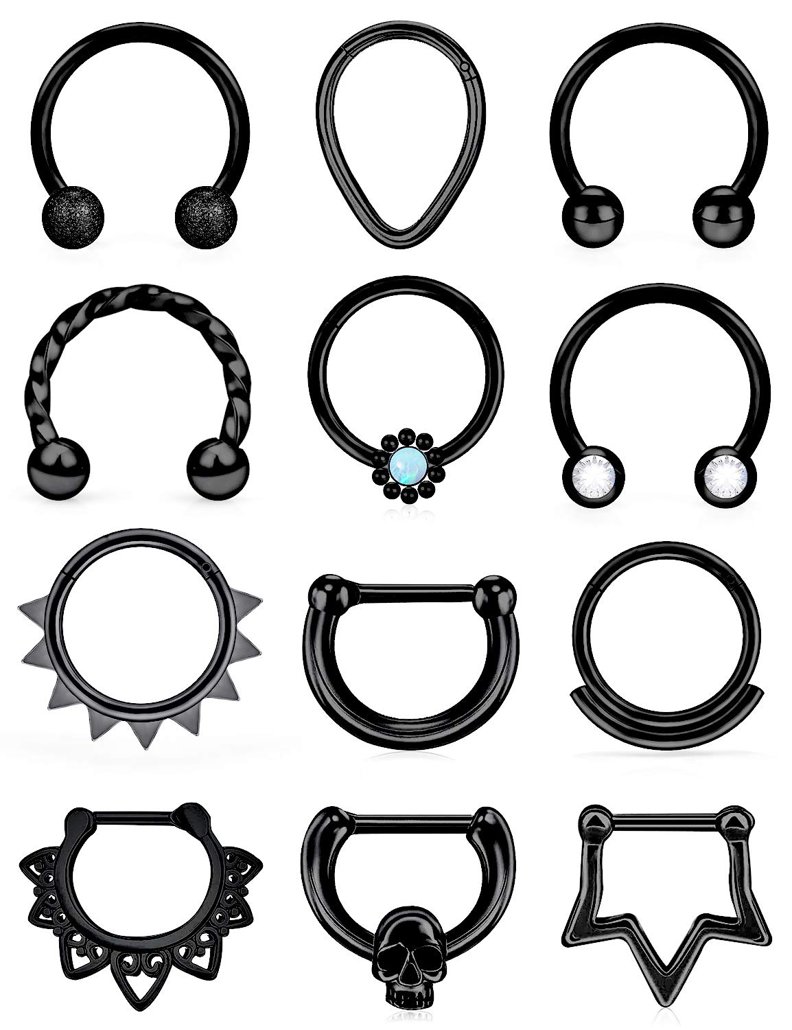 Vsnnsns 16G Septum Jewelry Septum Ring Piercing Jewelry Septum Clicker Ring and Horseshoe Barbell Stainless Steel Captive Bead Ring Septum Nose Rings Hoop for Men Women Black 10mm 12pcs