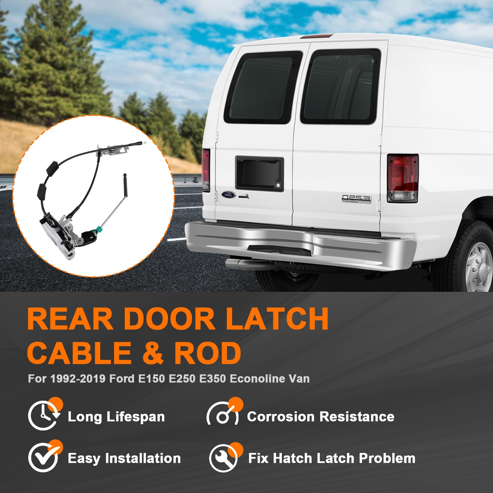 Rear Door Latch Cable & Rod for Ford E150 E250 E350 Right Back Door Latch Lock Assembly, Replace Ford 6C2Z-15431A02-AA 8C2Z-15431A02-C AC2Z-15431A02-A