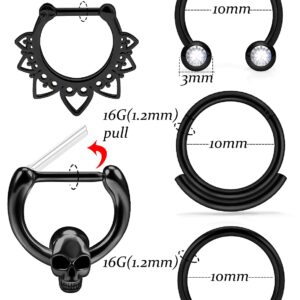 Vsnnsns 16G Septum Jewelry Septum Ring Piercing Jewelry Septum Clicker Ring and Horseshoe Barbell Stainless Steel Captive Bead Ring Septum Nose Rings Hoop for Men Women Black 10mm 12pcs