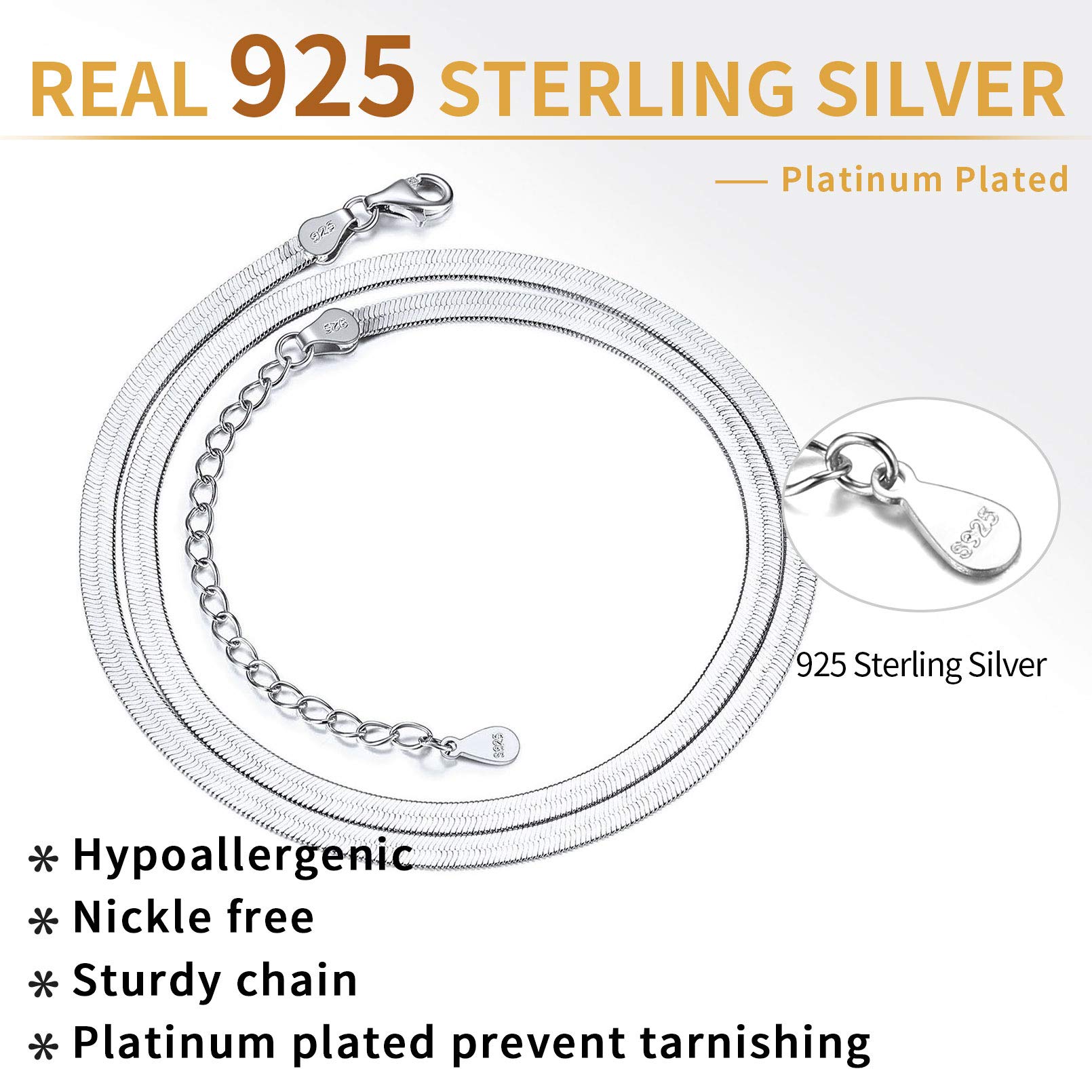 ChicSilver 925 Sterling Silver Herringbone Necklace for Women 3MM White Gold Plated Flat Snake Chain Choker Necklace Fashion Dainty Silver Snake Calvice Chain Short Necklace 12.5 Inch