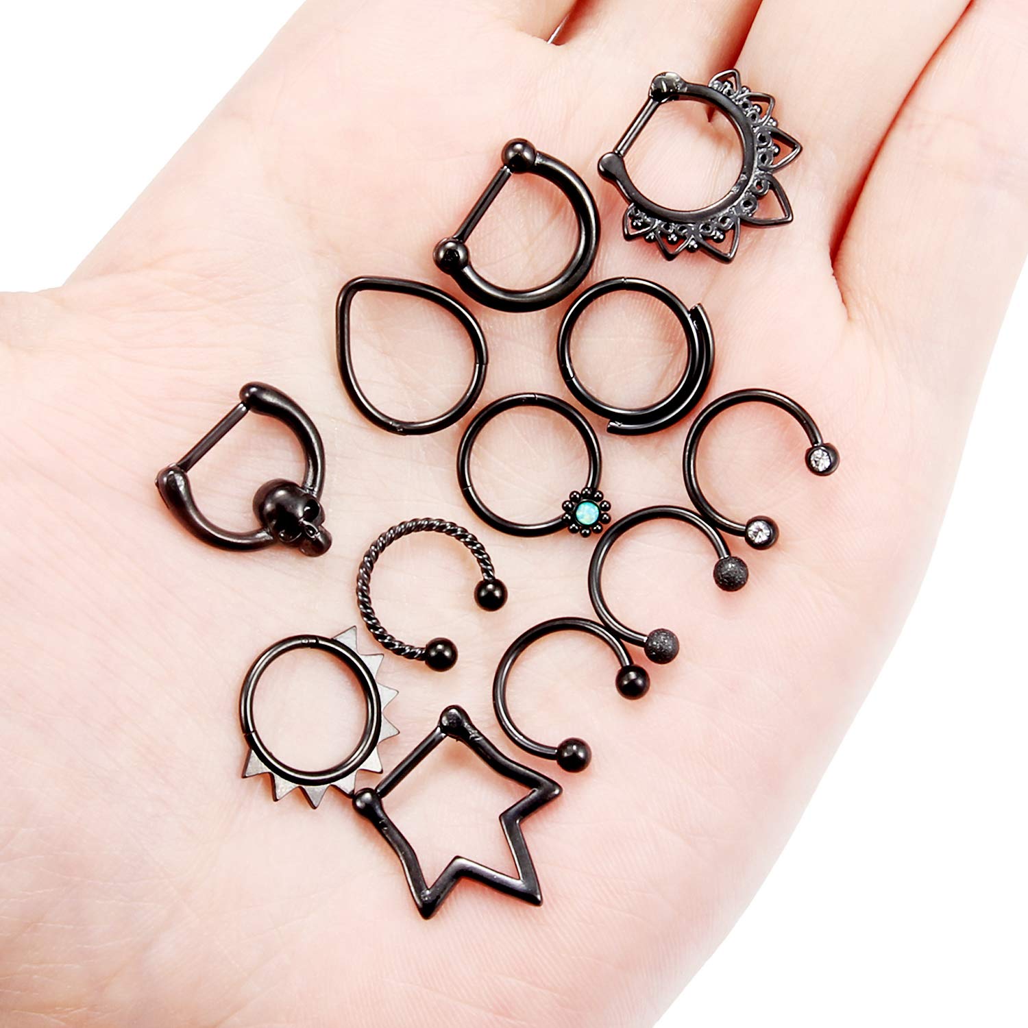 Vsnnsns 16G Septum Jewelry Septum Ring Piercing Jewelry Septum Clicker Ring and Horseshoe Barbell Stainless Steel Captive Bead Ring Septum Nose Rings Hoop for Men Women Black 10mm 12pcs