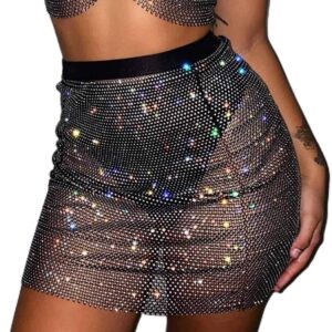 Vivilly Rhinestone Body Chain Sexy Sparkly Crystal Bikini Mesh Bra Top Dress Fishnet Underwear Body Jewerly for Women and Girls (black skirt)