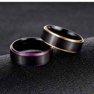 MZZJ Sun and Moon Friendship Lover 8MM&6MM Black Brushed 2 Tone Stainless Steel Rainbow Step Edge Wedding Band Engagement Matching Ring for Him Her,Anniversary Birthday Gift