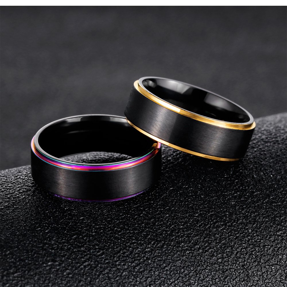 MZZJ Sun and Moon Friendship Lover 8MM&6MM Black Brushed 2 Tone Stainless Steel Rainbow Step Edge Wedding Band Engagement Matching Ring for Him Her,Anniversary Birthday Gift