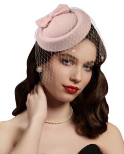 cizoe fascinator hats for women 20s 50s vintage pillbox hat kentucky derby fascinators flower veil wedding party hat tea hat(11c-blush pink)