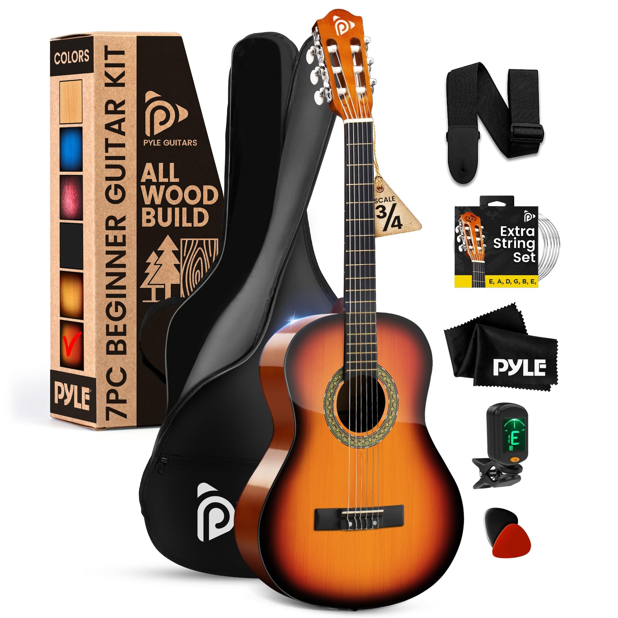 Pyle Beginner Acoustic Guitar Kit, 3/4 Junior Size All Wood Instrument for Kids, Adults, 36" Sun Burst