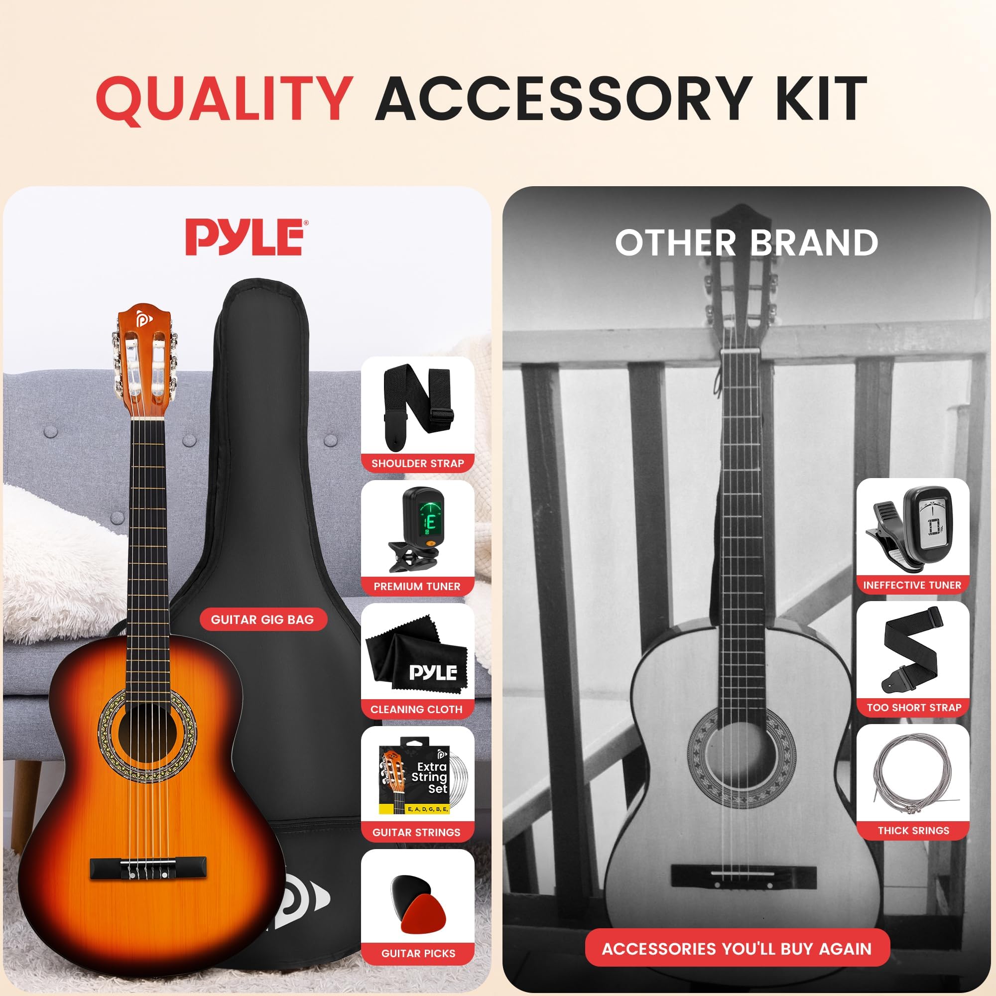 Pyle Beginner Acoustic Guitar Kit, 3/4 Junior Size All Wood Instrument for Kids, Adults, 36" Sun Burst