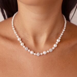 Mariell Pearl Necklace for Brides with Rhinestone Crystal Fireball Accents, 20", Bridal & Wedding Jewelry