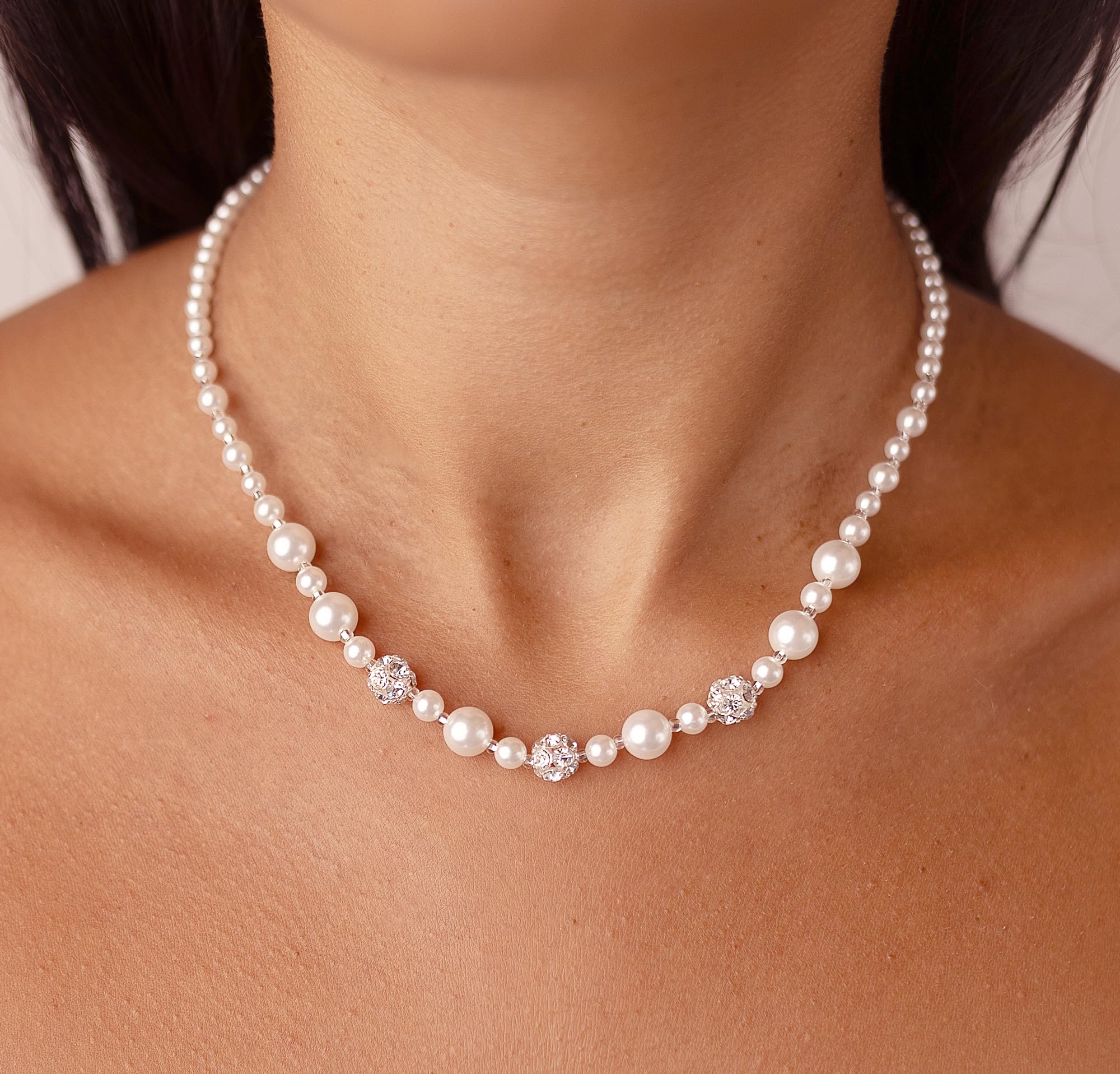 Mariell Pearl Necklace for Brides with Rhinestone Crystal Fireball Accents, 20", Bridal & Wedding Jewelry