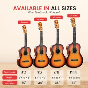 Pyle Beginner Acoustic Guitar Kit, 3/4 Junior Size All Wood Instrument for Kids, Adults, 36" Sun Burst