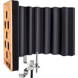 pyle wood microphone isolation shield-sound isolation recording booth,studio microphone vocal booth dampening filter foam acoustic panel w/2' thick foam,universal ⅝” mic threading-psmrswd100