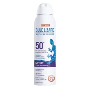 blue lizard sport mineral sunscreen spray spf 50+, dermatologist-recommended brand, broad-spectrum uva/uvb protection, water-resistant, zinc oxide formula, vegan, 5 fl oz