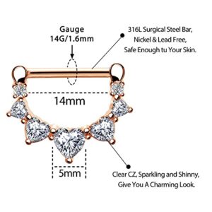 Melighting 2pcs 14G Nipple Ring Surgial Steel 316L Nipple Piercing Jewelry Shiny Heart Clear CZ Nipple Bars Nipple Barbell for Women Rose Gold 14mm