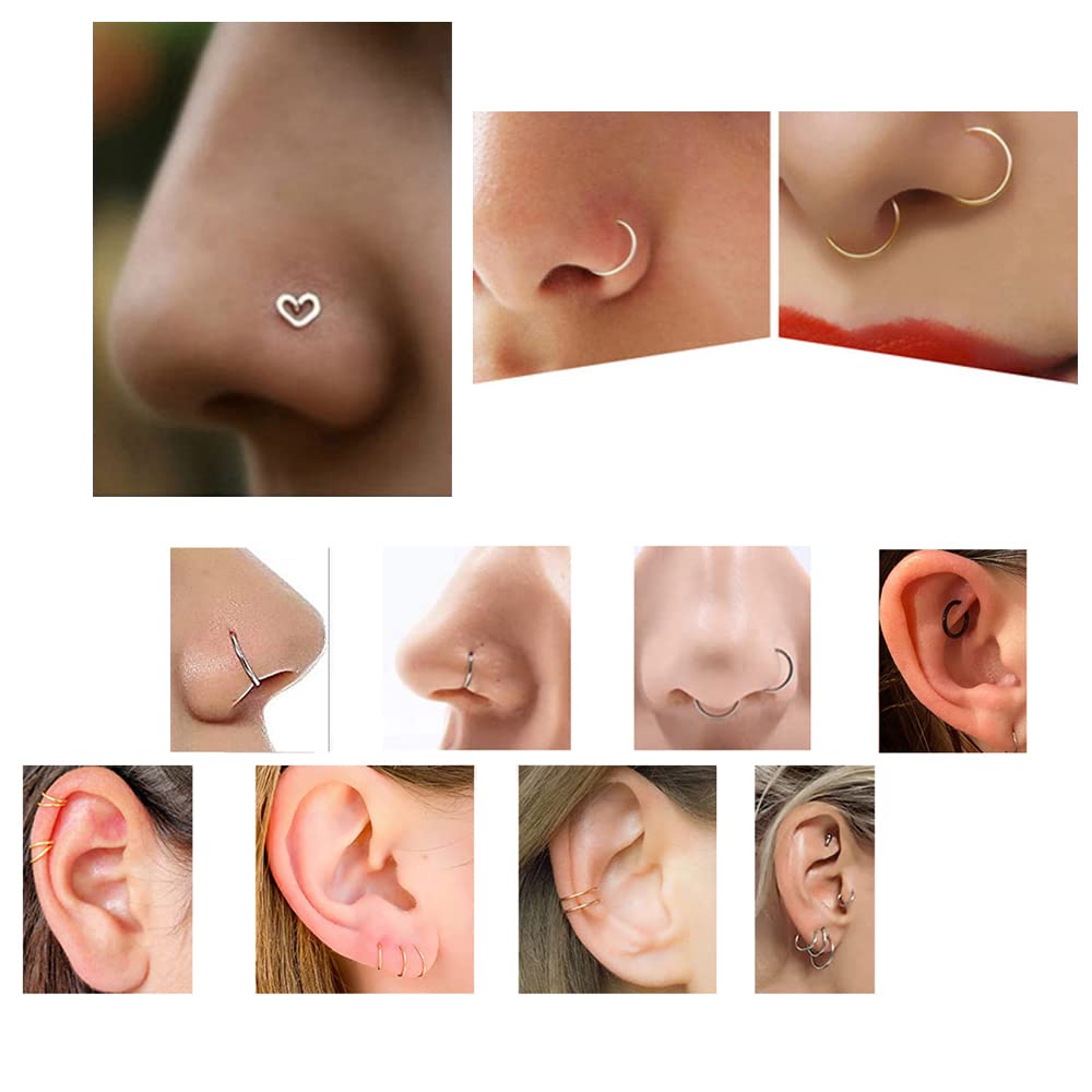 WASOLIE 14 PCS Nose Rings for Women 316L Stainless Steel Nose Piercings Jewelry Screw Men Nose Studs Rings.