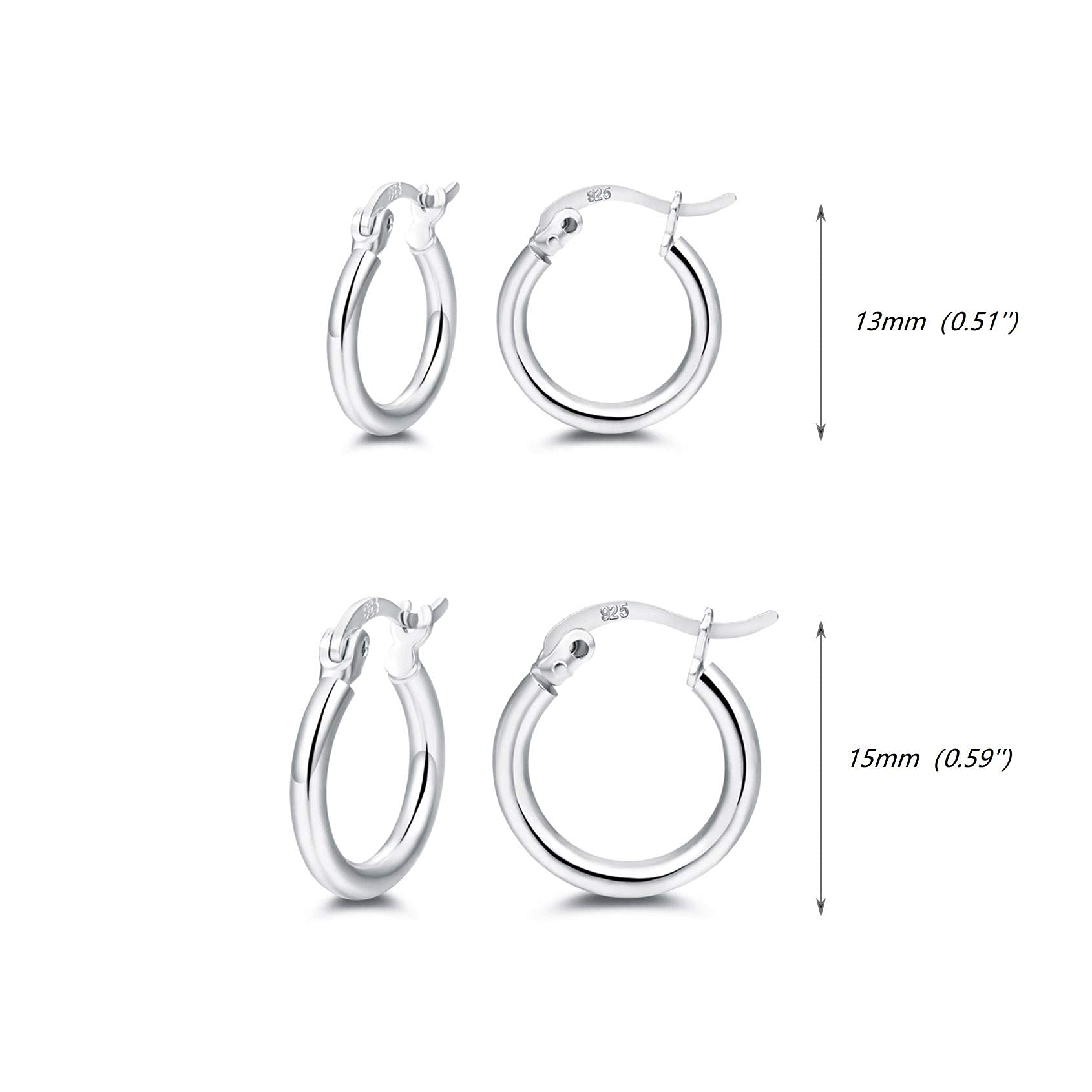 Small Silver Hoop Earrings 925 Sterling Silver Hypoallergenic Hoop Earrings 2 Pairs Huggie Earrings for Women Men 13mm 15mm