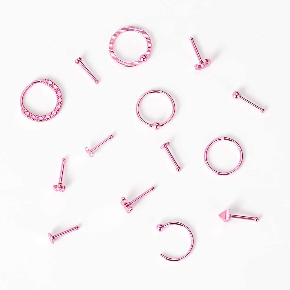 WASOLIE 14 PCS Nose Rings for Women 316L Stainless Steel Nose Piercings Jewelry Screw Men Nose Studs Rings.