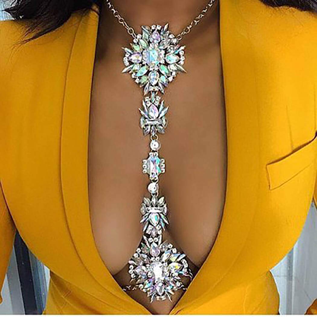 Vivilly Crystal Chest Chain Gold Rhinestone Body Chain Shiny Necklace Body Accessories Jewelry for Women