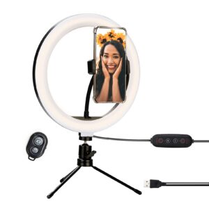 desk ring light with stand, 10'' dimmable selfie ring light with mini tripod stand and phone holder, make up led ring light with bluetooth shutter for zoom meetings/vlog/tiktok/youtube