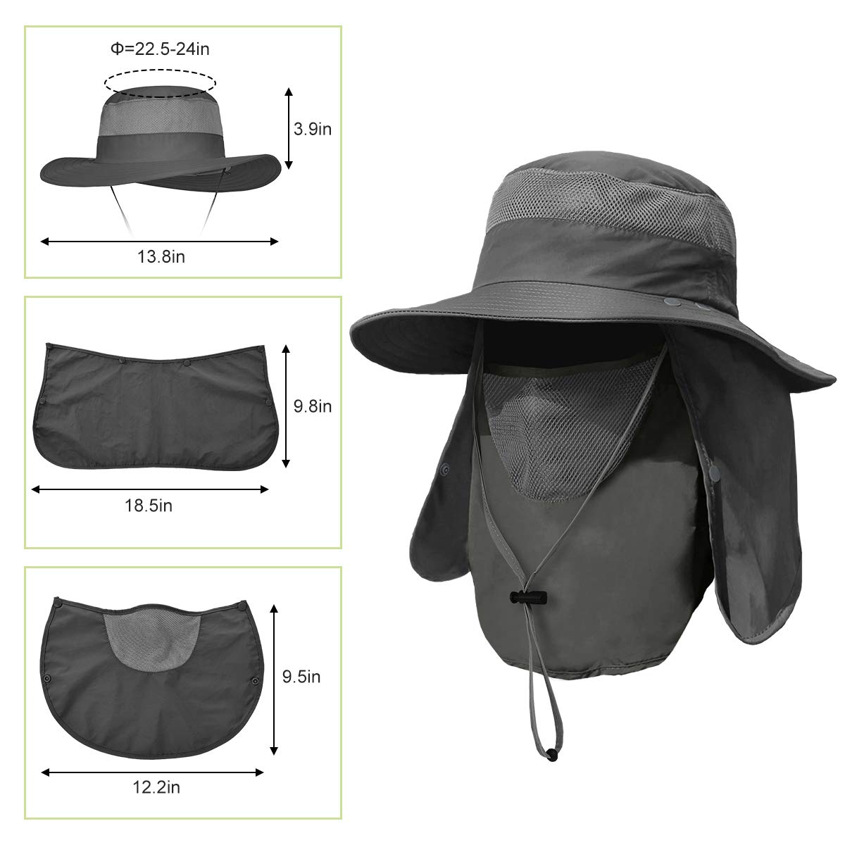 ZEXIAN 2 Pieces Men's Wide Brim Fishing Hat Outdoor UPF 50+ Sun Protection Removable Face and Neck Flap (Dark Grey & Light Grey)