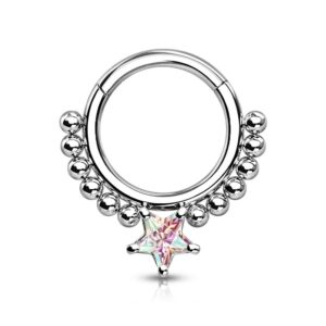 pierced owl 16ga precision all 316l surgical steel star shaped cz crystal and ball lined hoop cartilage helix daith septum nose hinged segment ring (aurora borealis)